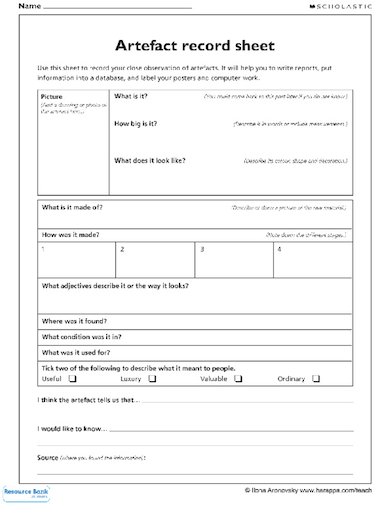 Artefact record sheet – Primary KS2 teaching resource - Scholastic